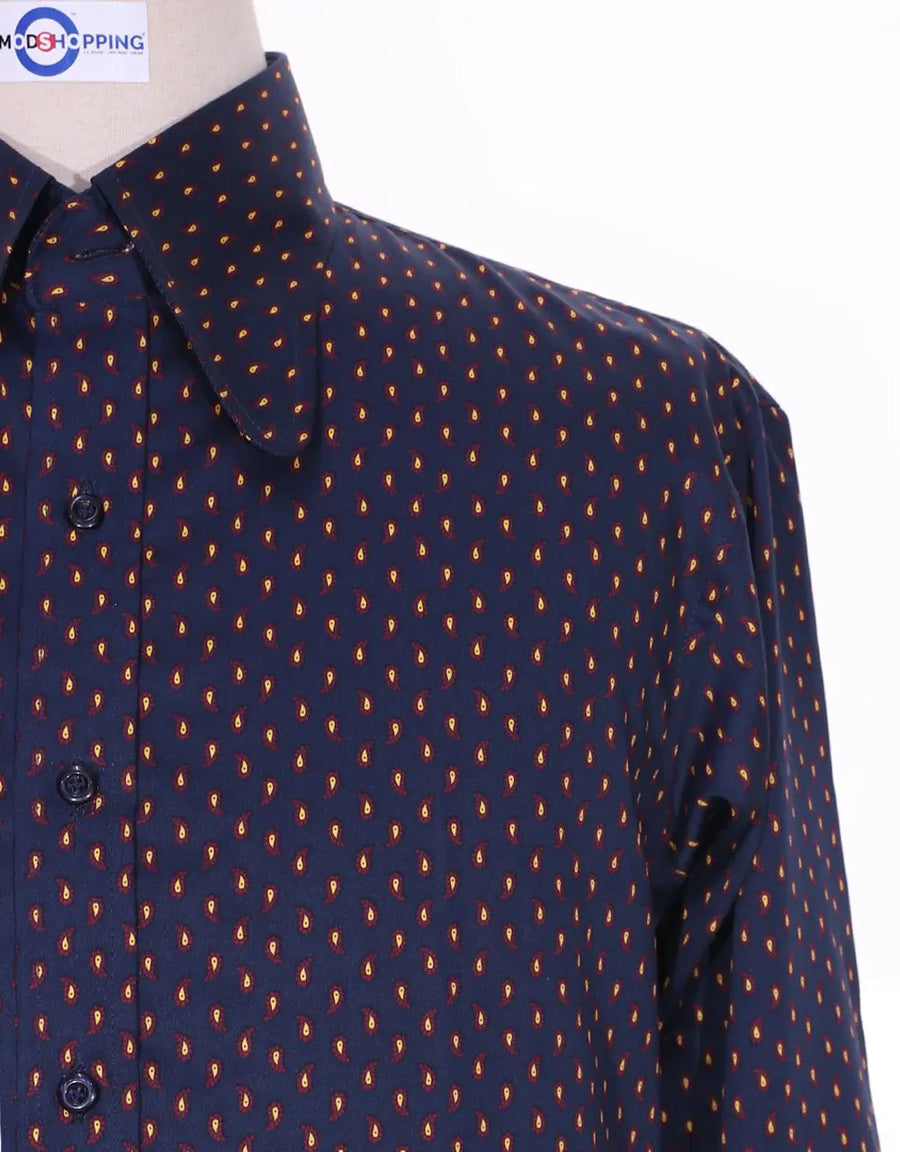 High Penny Round Collar Shirt | Navy Blue Small Paisley Shirt ...