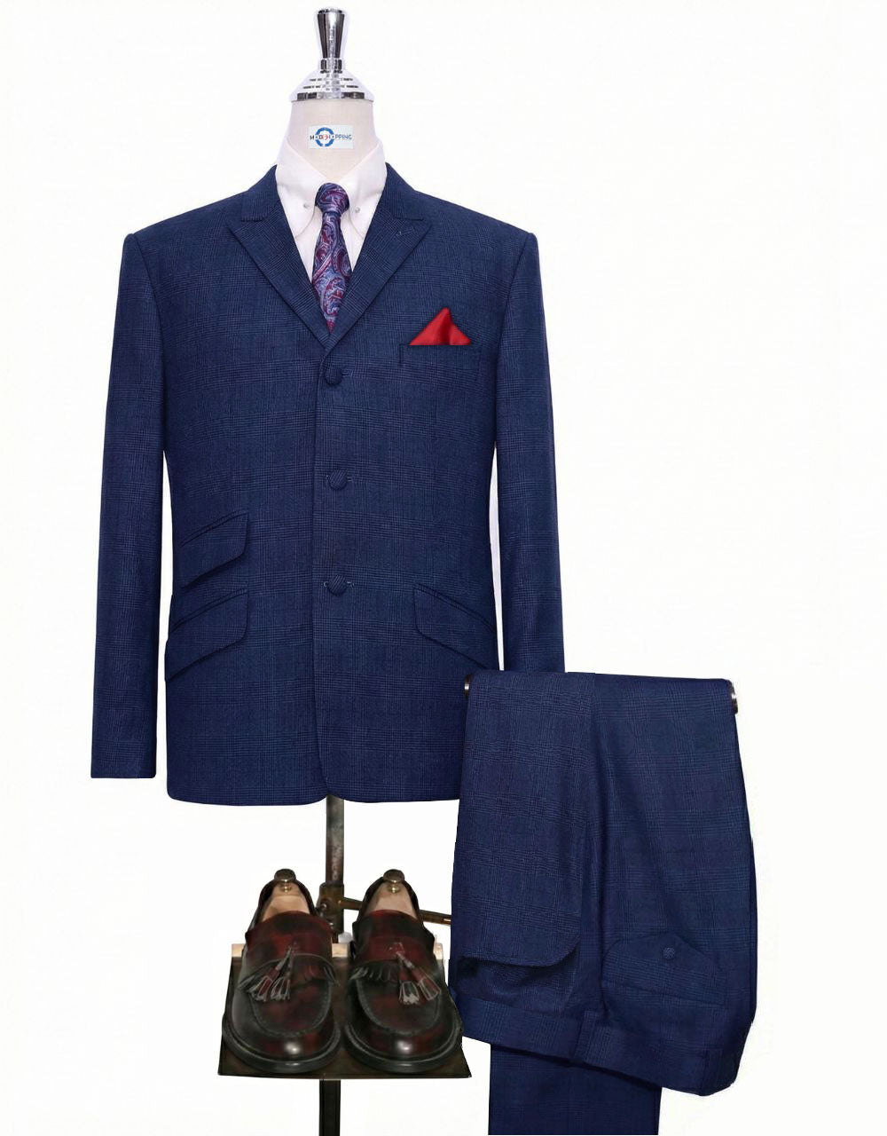 Men’s Navy Blue Glen Check Peak Lapel Suit – Mod Shopping Ltd Partnership.