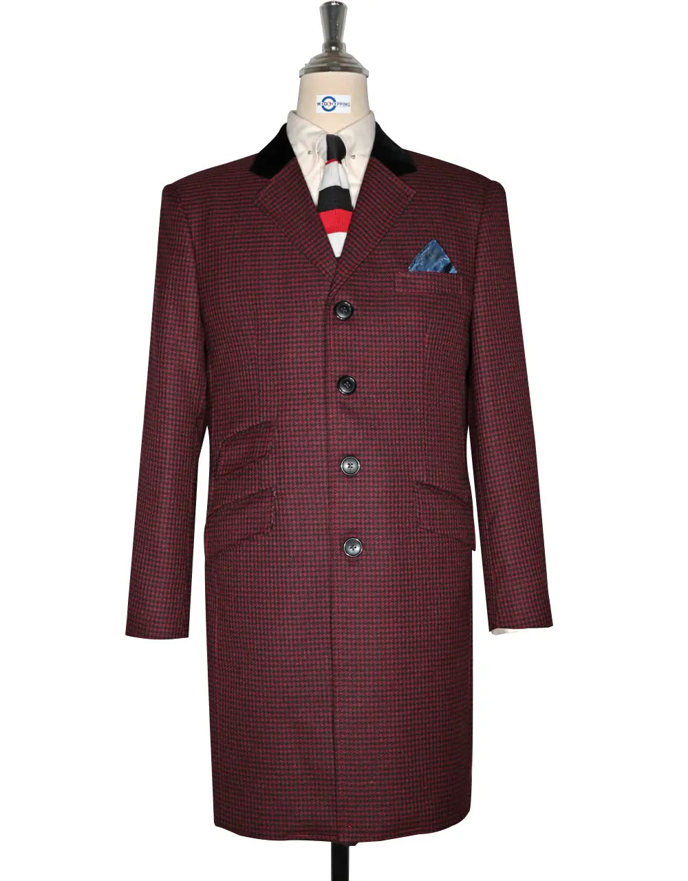 Overcoat Men's | 60s Mod Winter Burgundy Houndstooth Coat – Mod ...