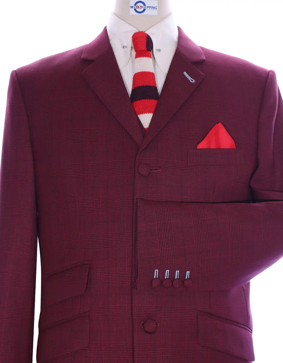 Mod Suit - Burgundy Prince Of Wales Check Suit Men's – Mod Shopping Ltd ...
